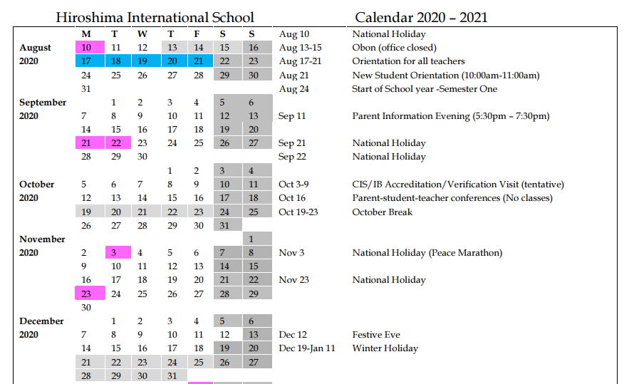School Calendar – Hiroshima International School