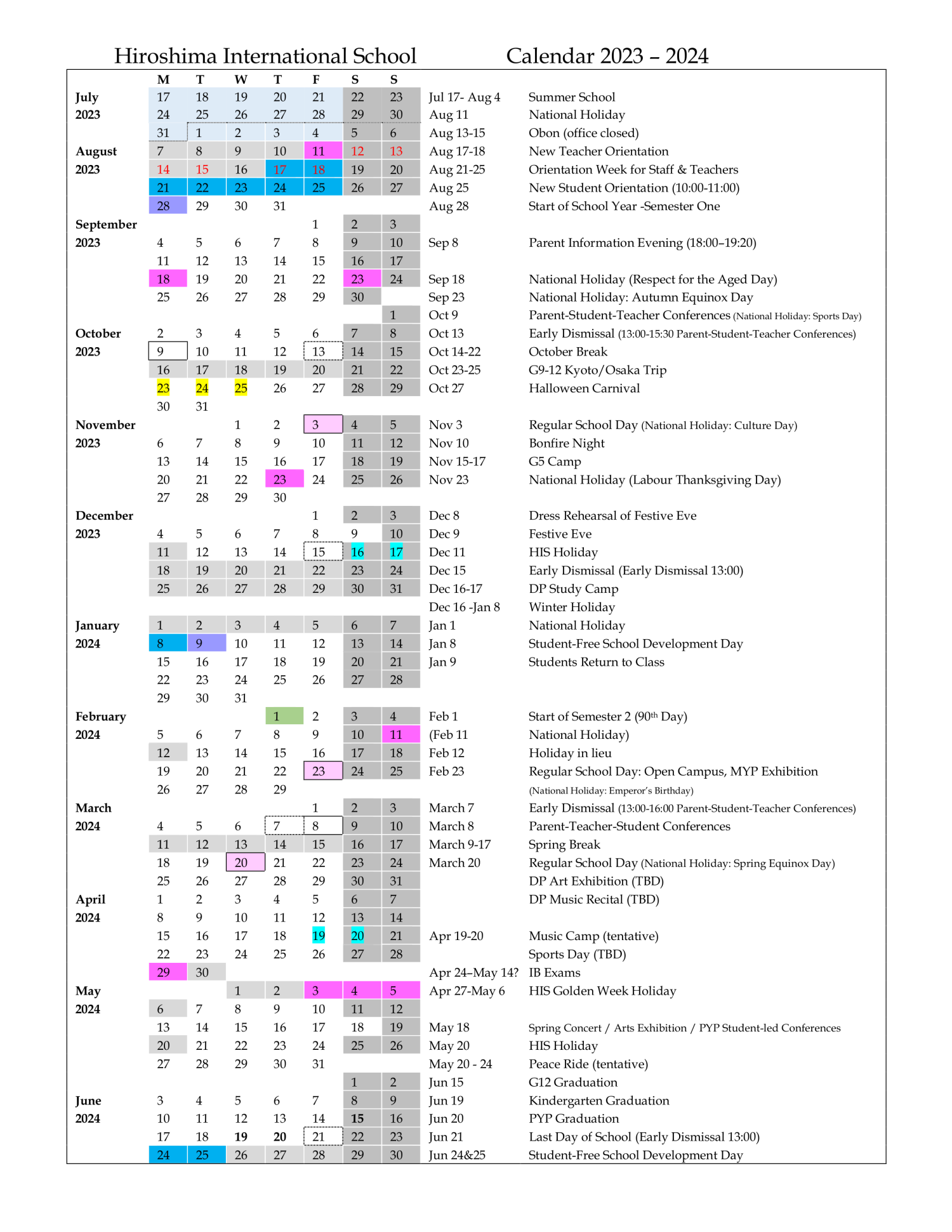 School Calendar – Hiroshima International School