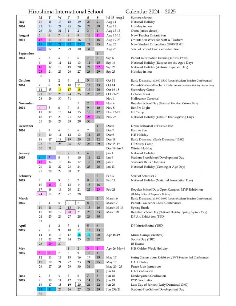 School Calendar – Hiroshima International School